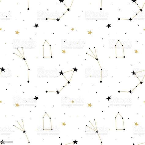 별자리와 별이 매끄러운 패턴입니다 흰색 배경에 검은 색과 금색 천체 우주 벽지 천문학 및 점성술 배경 조디악 별자리 요소 벡터 격리 인쇄 0명에 대한 스톡 벡터 아트 및
