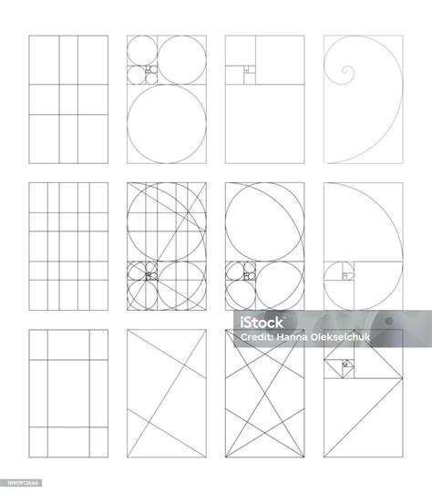황금 비율 템플릿 세트입니다 방법 황금 섹션 피보나치 배열 숫자 하모니 비율 컬렉션 윤곽선 벡터 그래픽 Illustration 기하학적 도형 엡스 건축물에 대한 스톡 벡터