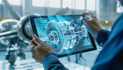 Engineer Analyzing D Engine Model On Tablet For Manufacturing Premium Ai Generated Image