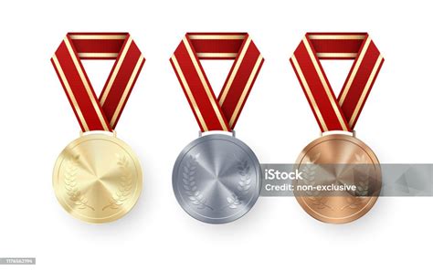 레드 리본에 매달려 월계수와 황금 은메달과 동메달 어워드 세트 승리와 성공의 상징 벡터 일러스트레이션 Championship에 대한 스톡 벡터 아트 및 기타 이미지 Istock