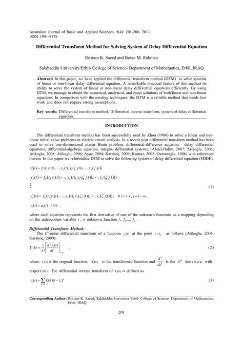 PDF Differential Transform Method For Solving System Of Delay