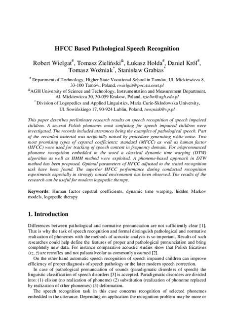 Pdf Hfcc Based Pathological Speech Recognition