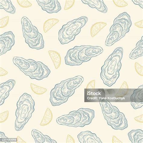 손으로 그린 굴과 레몬 슬라이스 완벽 한 패턴 바다 생물 포장지 포장 직물 및 직물을 위해 설계되었습니다 벡터 일러스트 레이 션 0명에 대한 스톡 벡터 아트 및 기타 이미지
