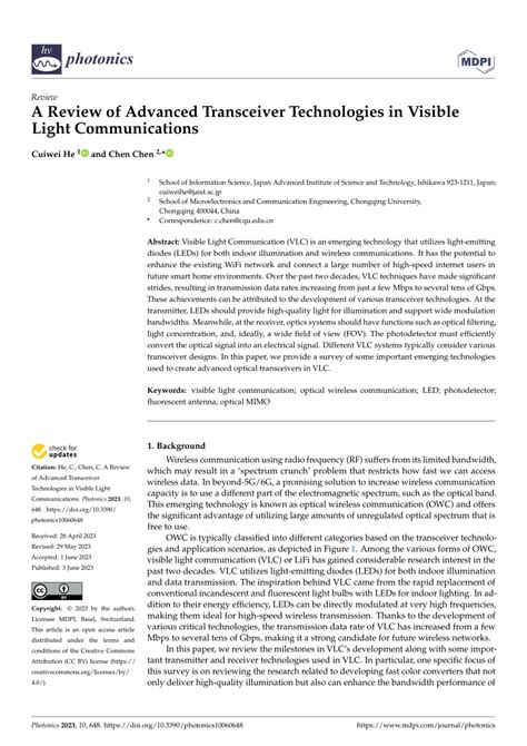 Pdf A Review Of Advanced Transceiver Technologies In Visible Light Communications