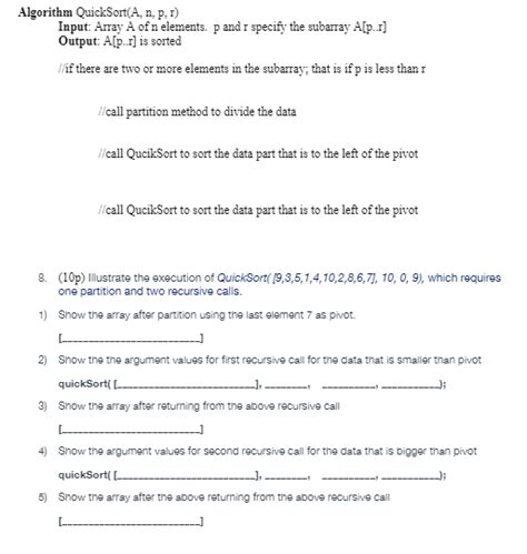 Solved Algorithm Quicksorta N Pr Input Array A Of N