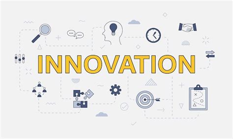 센터 벡터 일러스트 레이 션에 큰 단어 또는 텍스트로 설정된 아이콘이 있는 혁신 개념 프리미엄 벡터