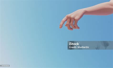 푸른 맑은 하늘 복사 공간 배경에서 하늘에서 온 신으로 가리키는 손가락을 가리키는 인간의 손 사람과 자연의 개념 3d 일러스트레이션 렌더링 3차원 형태에 대한 스톡 사진 및