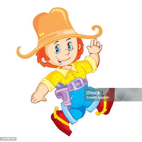 큰 모자를 쓰고 웅크리고 만화 일러스트레이션 흰색 벡터 일러스트에 고립된 물체가 있는 쾌활한 카우보이의 캐릭터 감정에 대한 스톡 벡터 아트 및 기타 이미지 Istock