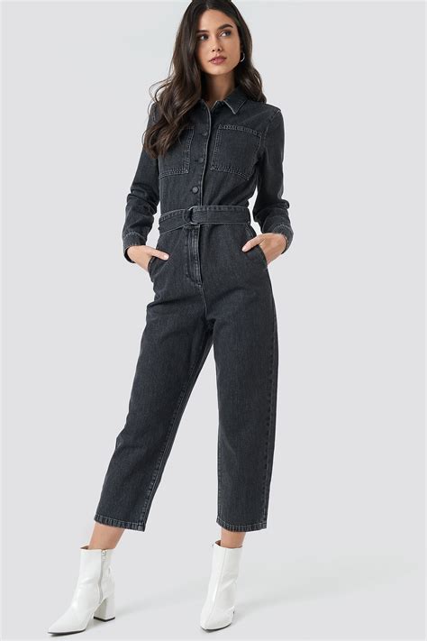 Waist Belt Denim Jumpsuit Black Na