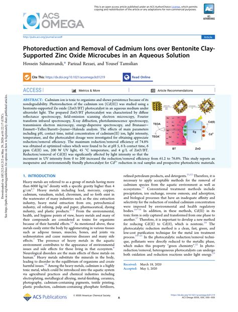 Pdf Photoreduction And Removal Of Cadmium Ions Over Bentonite Clay Supported Zinc Oxide