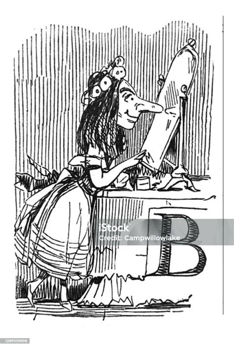 영국 풍자 만화 캐리커처 거울을 보고 매우 큰 코를 가진 여자 거울 아래 큰 편지 B 19세기에 대한 스톡 벡터 아트 및 기타 이미지 Istock