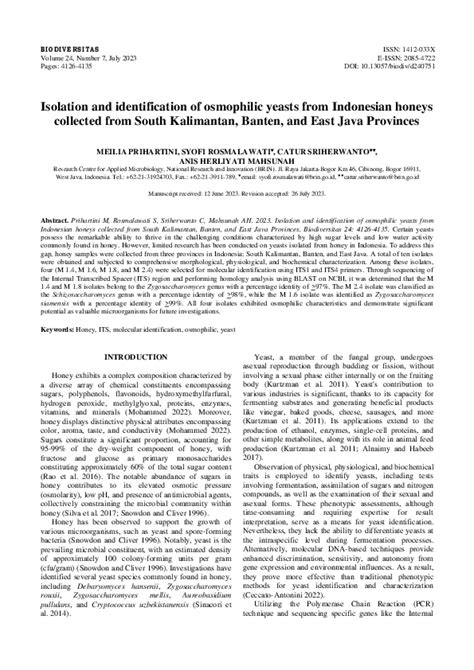 Pdf Isolation And Identification Of Osmophilic Yeasts From Indonesian