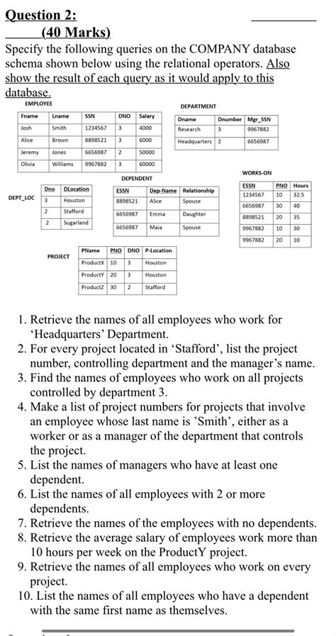 Question 2 40 Marks Specify The Following Queries On The Company