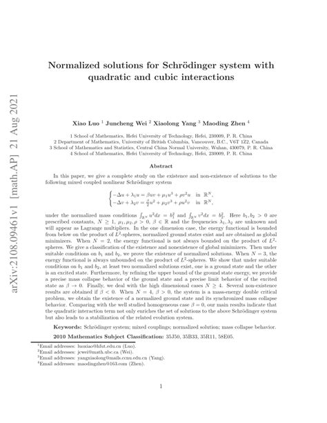 Pdf Normalized Solutions For Schr O Dinger System With Quadratic And Cubic Interactions