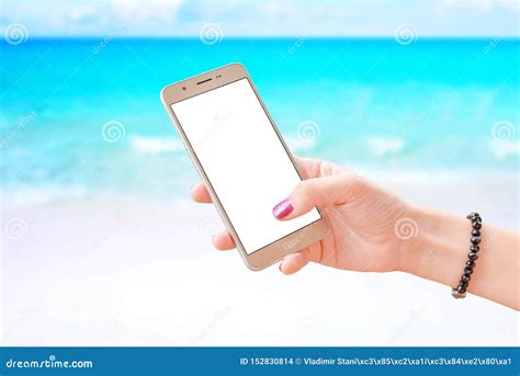 Woman Use Smart Phone Screen For Mockup Stock Photo Image Of Smartphone Beach