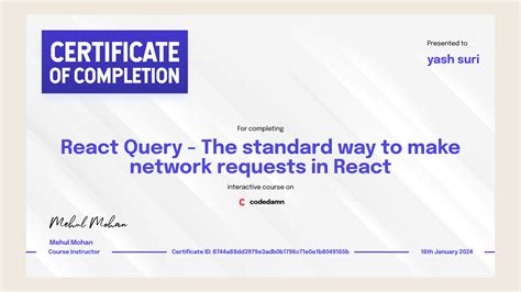 Yash Suris Certification For React Query The Standard Way To Make Network Requests In React