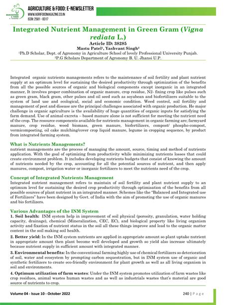 Pdf Integrated Nutrient Management In Green Gram Vigna Rediata L