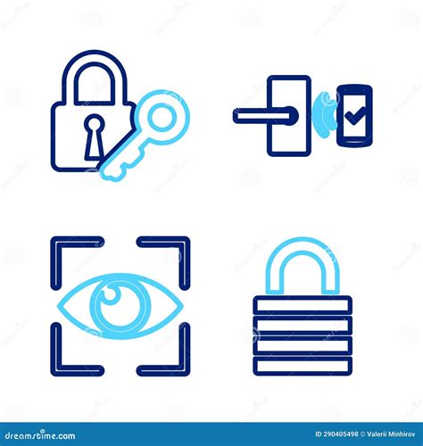 Set Line Lock Eye Scan Digital Door Lock With Wireless And And Key Icon Vector Stock