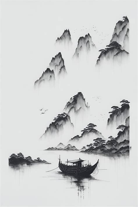 Printable Chinese Ink Painting Mountains And River Landscape Wall Art