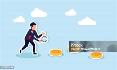 돋보기를 들고 흩어져 있는 달러 동전을 조사하는 사업가가 달러 가치 변동 및 달러 분포 분석을 보여줍니다 감시에 대한 스톡 벡터 아트 및 기타 이미지 Istock