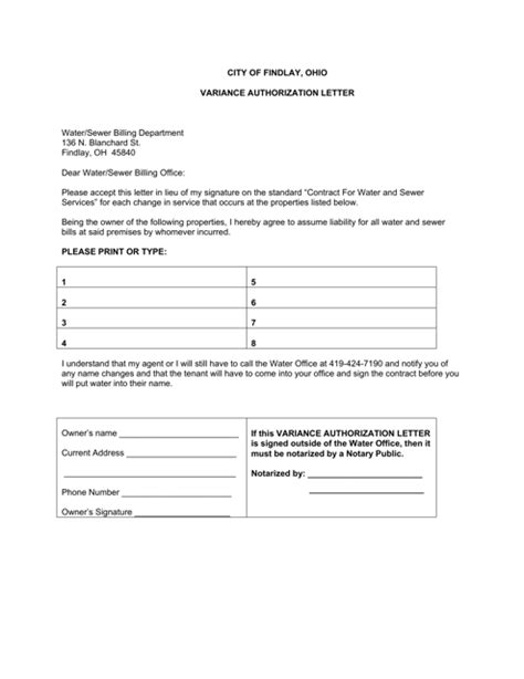 City Of Findlay Ohio Variance Authorization Letter Fill Out Sign