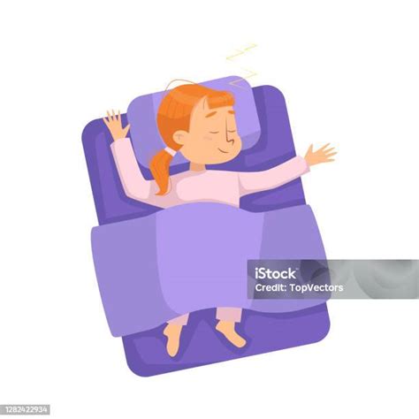 귀여운 어린 소녀 담요 아래 그녀의 침대에서 달콤한 자고 위에서 보기 취침 사랑스러운 아이 개념 만화 스타일 벡터 일러스트의 달콤한 꿈 귀여운에 대한 스톡 벡터 아트 및