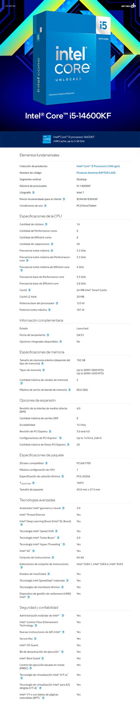 Procesador Intel Core I5 14600kf Core I5 14th Gen 14 Core 6p 8e Lga 1700 Requiere