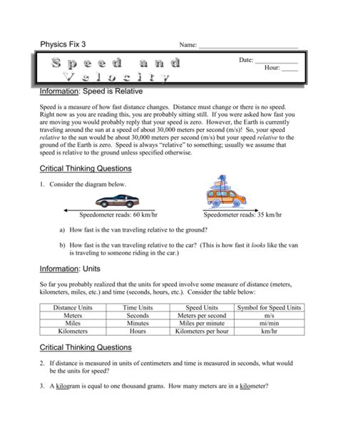 Speed And Velocity Physics Worksheet