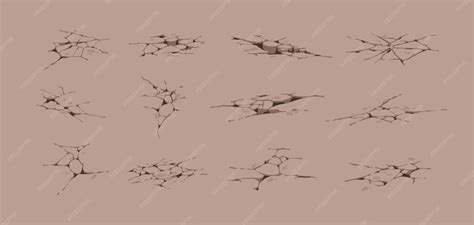 지진 균열 땅과 벽에 구멍 만화 파괴 효과 콘크리트 파손 및 자연 협곡 갈라짐 격리된 지구 균열 세트 균열이 있는 손상된 표면 흉내 벡터 토지 침식 프리미엄 벡터