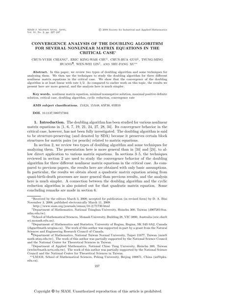 Pdf Convergence Analysis Of The Doubling Algorithm For Several Nonlinear Matrix Equations In
