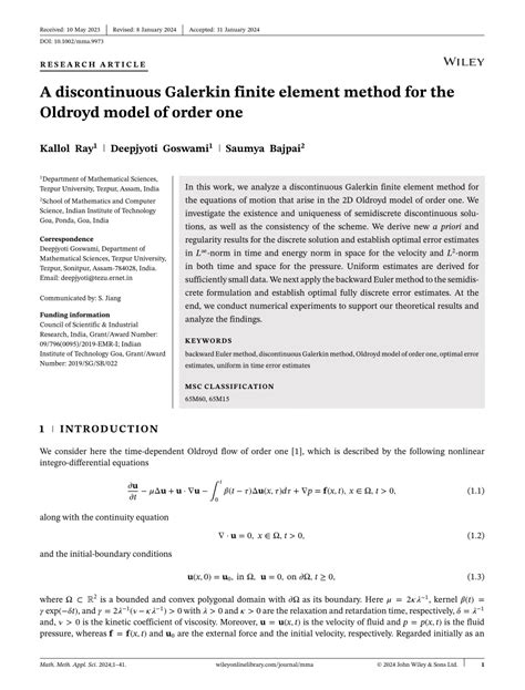 A Discontinuous Galerkin Finite Element Method For The Oldroyd Model Of Order One Request Pdf