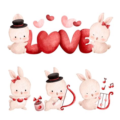 Acuarela Ilustración Conjunto De Linda Pareja Conejo Vector Premium