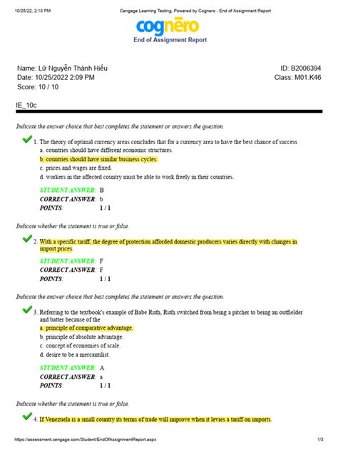 Cengage Learning Testing Powered By Cognero End Of Assignment Report Pdf Tariff Exports