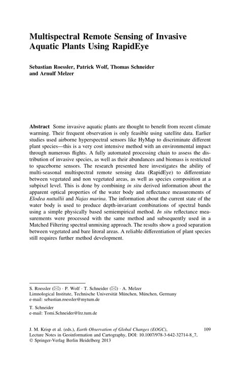 Pdf Multispectral Remote Sensing Of Invasive Aquatic Plants Using Rapideye