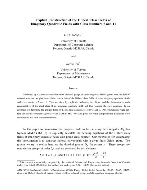 Pdf Explicit Construction Of The Hilbert Class Fields Of Imaginary Quadratic Fields With Class