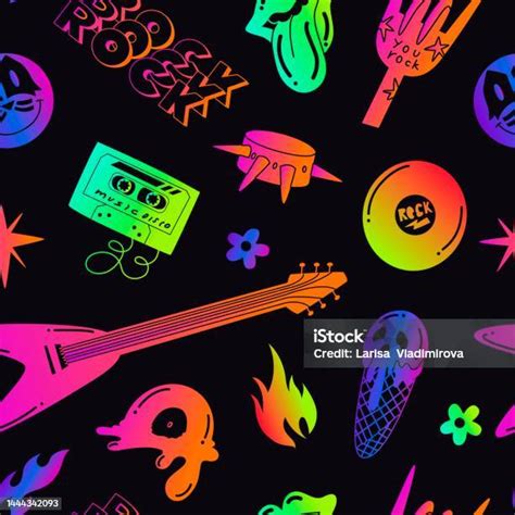 로큰롤 매끄러운 네온 색상의 패턴 그래픽 티 맹세를 위한 레트로 프린트 1980년대 1990년대 그런지 스타일 벡터 그림입니다 섬유 종이 Dj 음악 축제에 대한 개념 대중