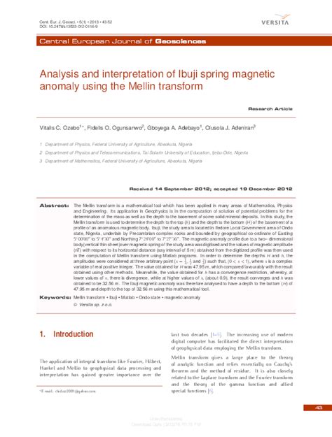 Pdf Analysis And Interpretation Of Ibuji Spring Magnetic Anomaly Using The Mellin Transform