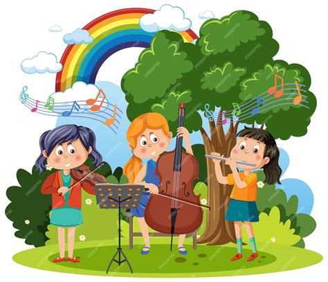 공원에서 음악을 연주하는 아이들 프리미엄 벡터