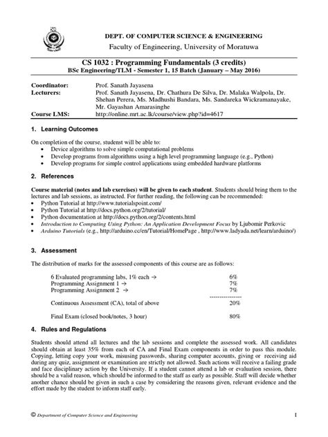 Cs1032 Courseoutline Pdf Programming Language Computer Programming
