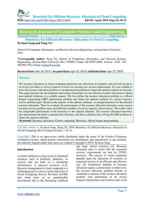Pdf Heuristics For Efficient Resource Allocation In Cloud Computing