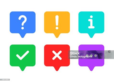 공통 인터페이스 기호 물음표 느낌표 정보 기호 확인 표시 십자 표시 및 3개의 점을 나타내는 6개의 아이콘 집합입니다 말풍선 거절에 대한 스톡 벡터 아트 및 기타 이미지