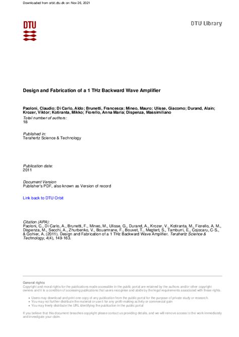 Pdf Design And Fabrication Of A 1 Thz Backward Wave Amplifier