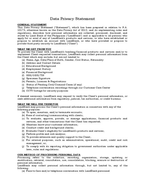 Data Privacy Statement Landbank Pdf Information Banks