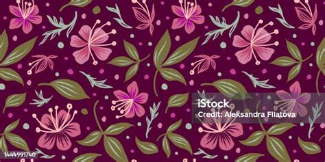 분홍색 꽃의 매끄러운 패턴 적갈색 배경에 다양한 나뭇잎 초본 지문의 컬렉션입니다 창의적인 디자인 손으로 그린 벡터 그림입니다 0명에 대한 스톡 벡터 아트 및 기타 이미지