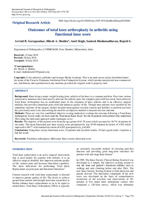 Pdf Outcomes Of Total Knee Arthroplasty In Arthritis Using Functional Knee Score