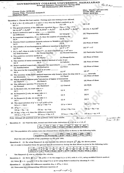 mth 602 numerical analysis ii bs math gcuf past paper spring 2022
