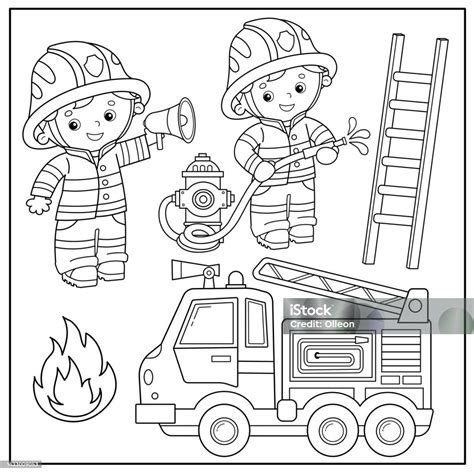โครงร่างหน้าสี ของรถดับเพลิงการ์ตูนกับพนักงานดับเพลิงหรือนักผจญเพลิง อาชีพ สมุดระบายสีส