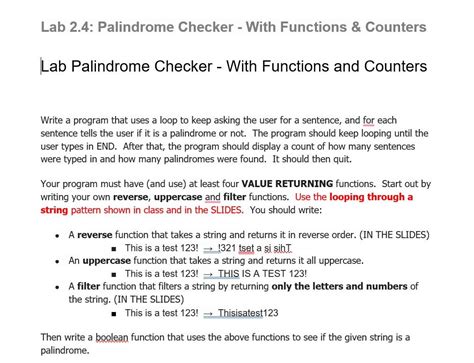 Solved Lab 2 4 Palindrome Checker With Functions Chegg