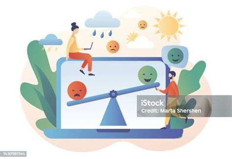 감정이 바뀝니다 기분 변화 감정적 인 균형 심리학 장애 정신 문제 스트레스 불안 및 삶의 위기 양극성 감정 현대 플랫 만화 스타일 벡터 일러스트 레이 션 조울증에 대한 스톡