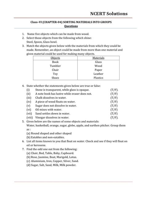 Ncert Solutions For Class 6 Science Chapter 4 Sorting Materials Into Groups